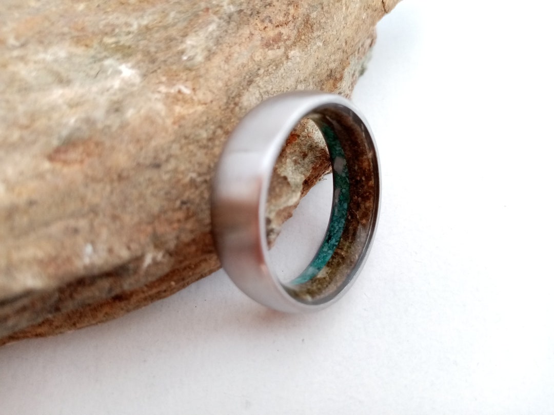 Petrified Wood & Turquoise Titanium Ring: Natural Stone Wedding Band - Etsy