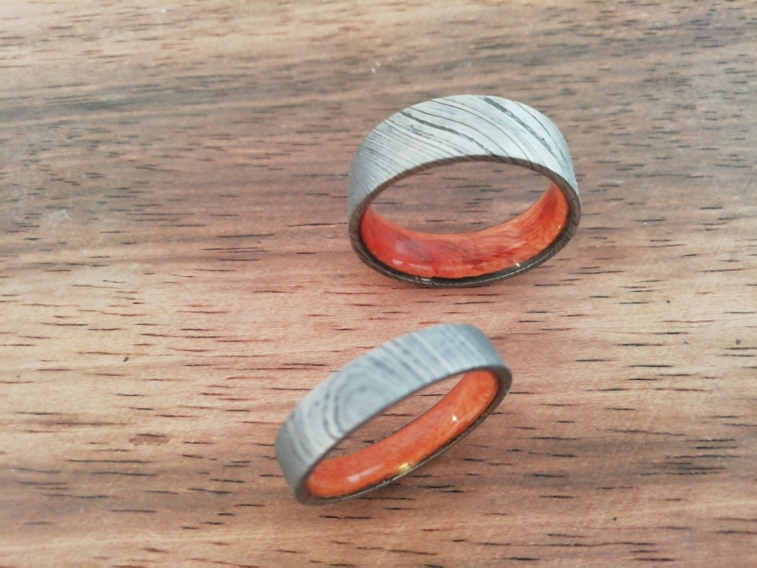 Sequoia Ring, Damascus Steel Bands, His and Hers, Wood Rings, Redwood Rings, Damascus Steel Ring ...