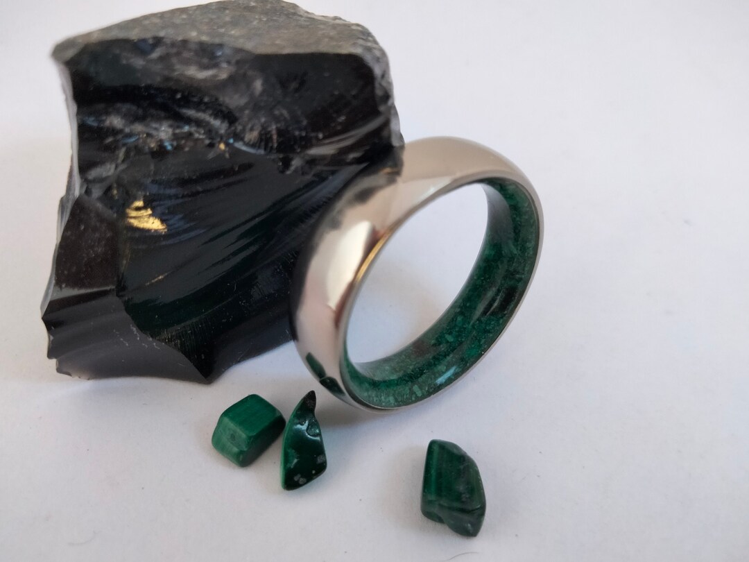 Malachite & Black Obsidian Raw Stone Titanium Ring: Boho Wedding Band ...
