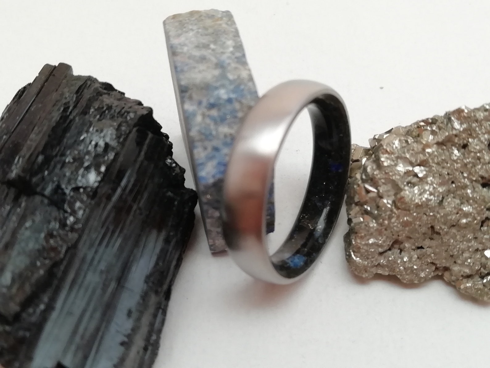 Titanium Wedding Band: Raw Stone Ring With Pyrite, Tourmaline & Lapis ...