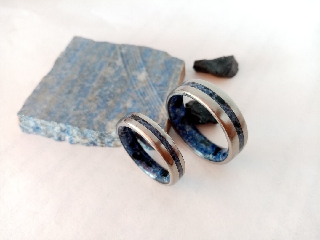 Titanium Wedding Band Set: Raw Lapis Lazuli & Tourmaline Stone Rings - Etsy