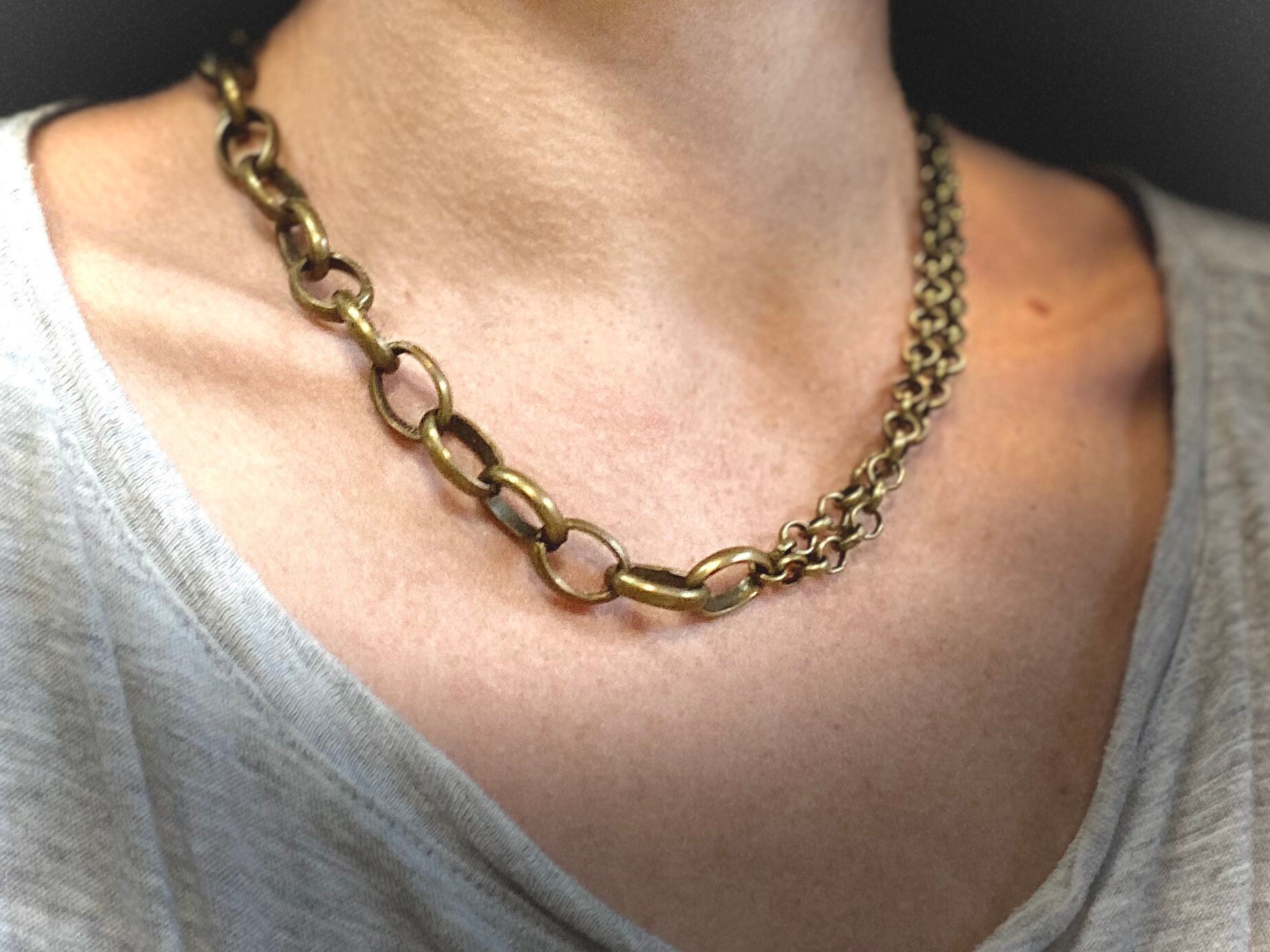 Large Link Antique Brass Chain Choker Necklace - Etsy