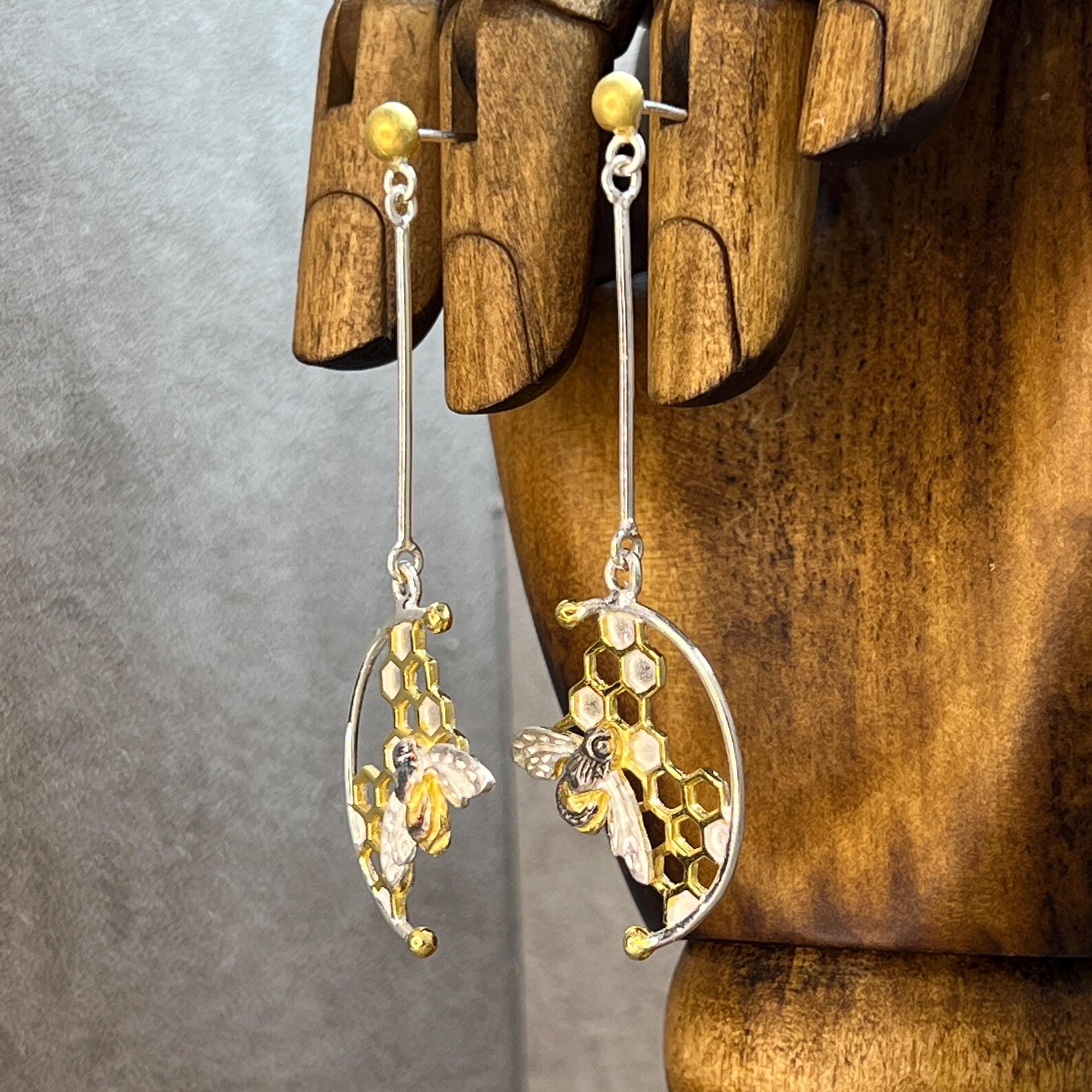 Honeycomb & Honey Bee Sterling Silver Long Drop Earrings - the ...