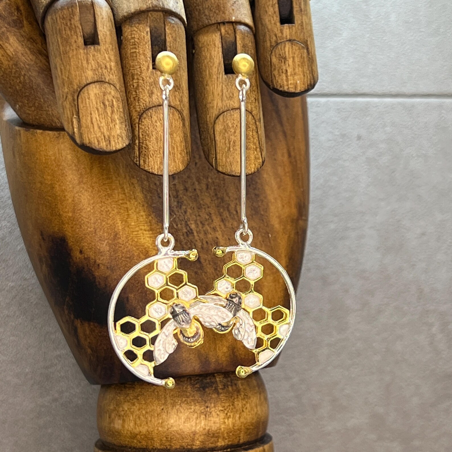 Honeycomb & Honey Bee Sterling Silver Long Drop Earrings - the ...