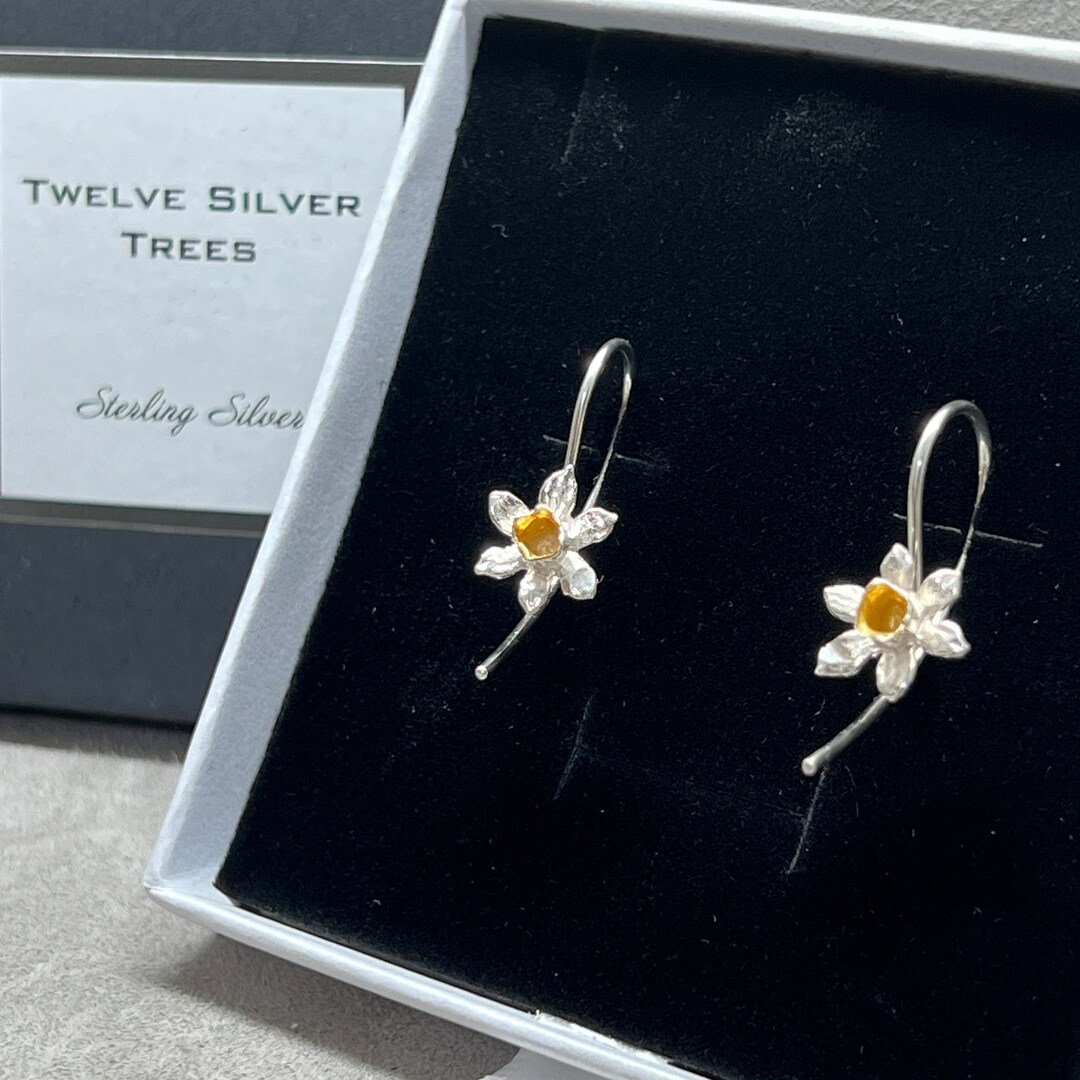 Daffodil Flower Earrings in Sterling Silver & 18 Carat Gold, the ...