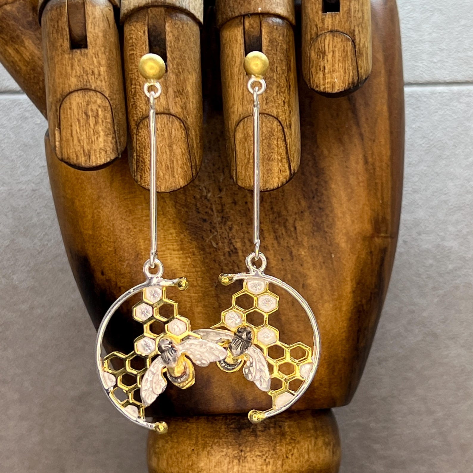 Honeycomb & Honey Bee Sterling Silver Long Drop Earrings - the ...