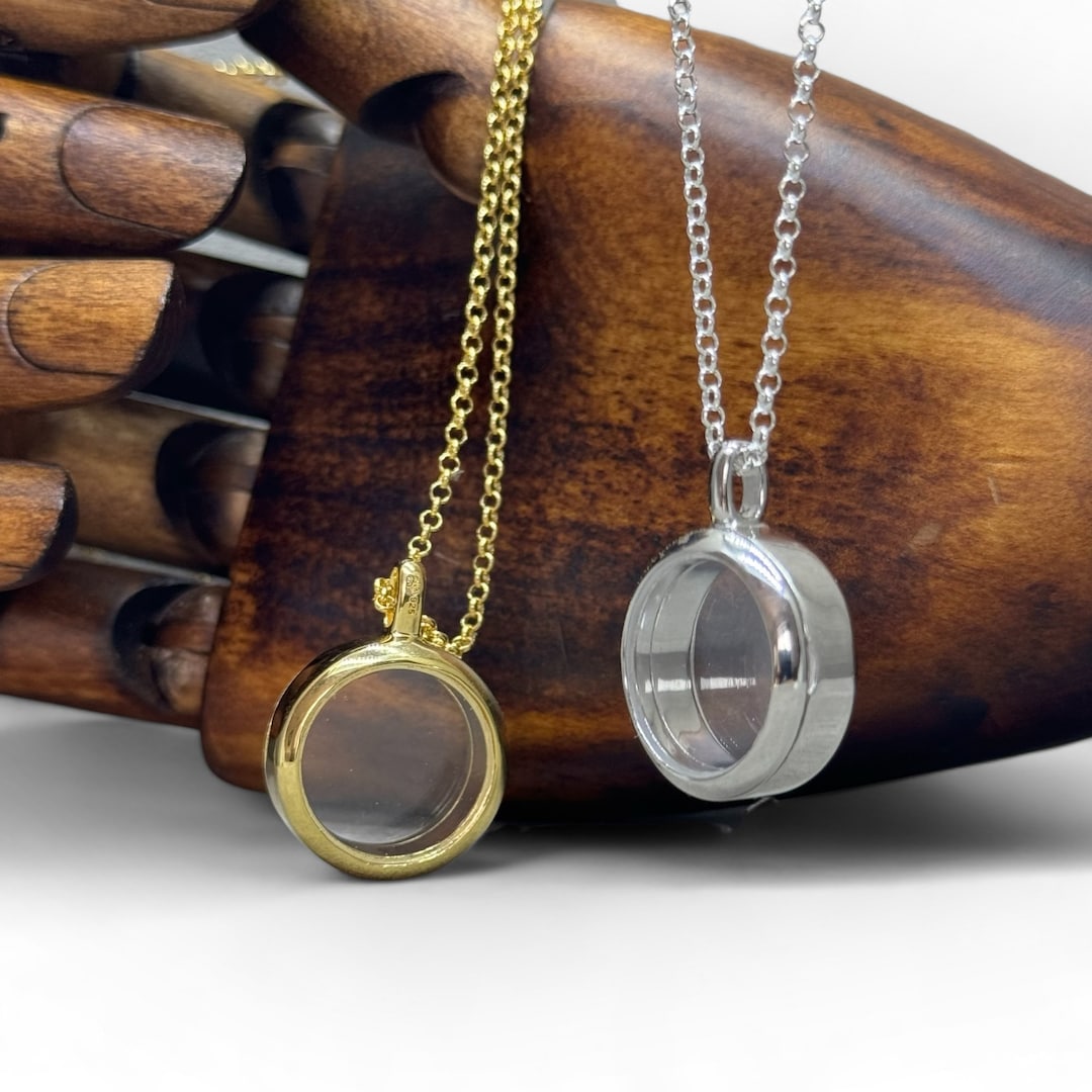 Sterling Silver Floating Memorial Glass Locket in Rhodium or Yellow ...