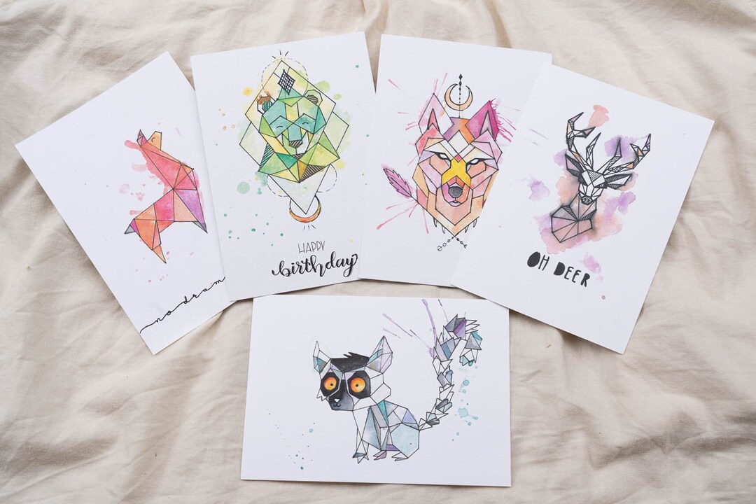 Set of 5 Watercolor Animal Cards - Etsy