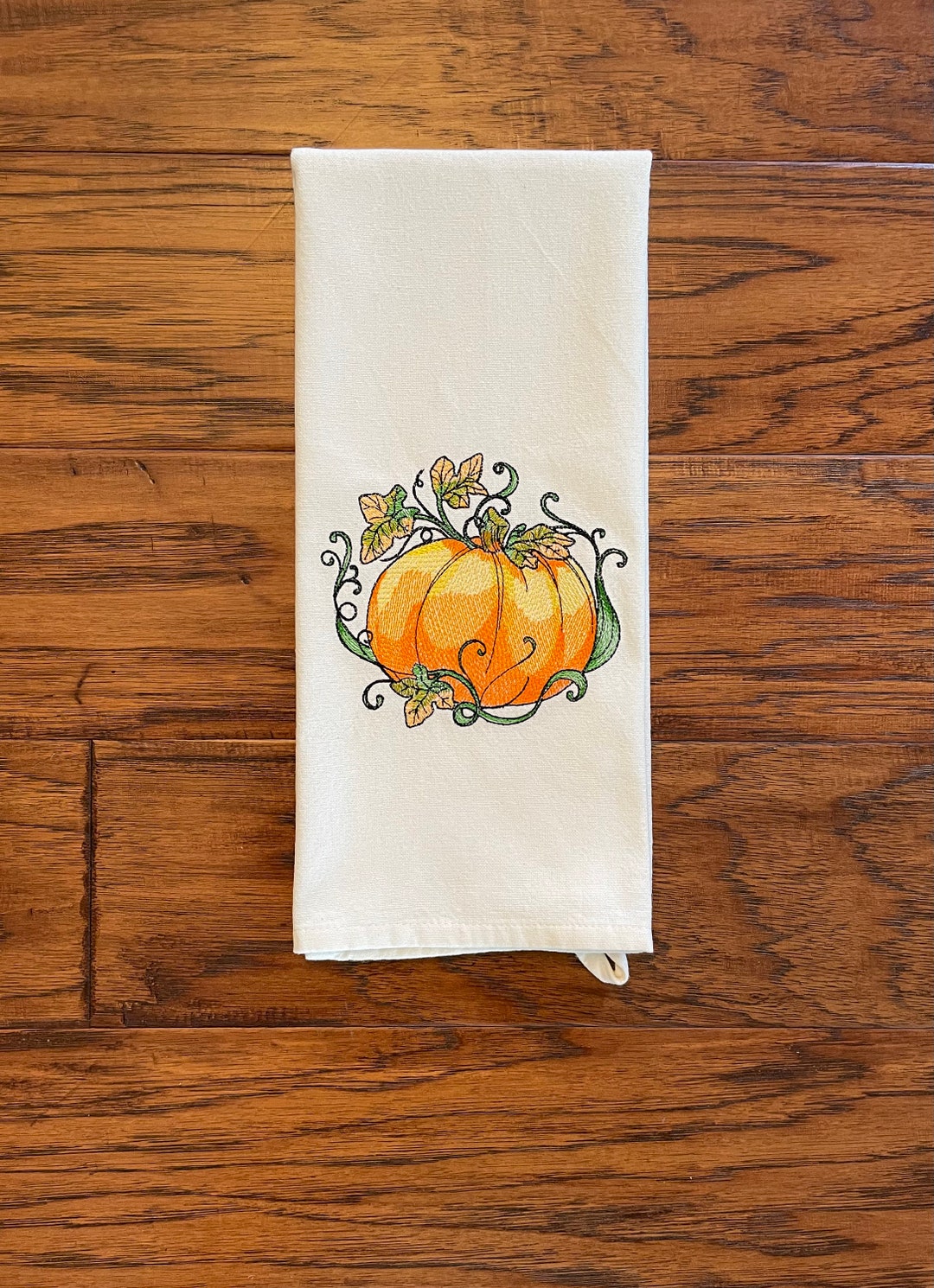 Embroidered Tea Towel, Pumpkin and Vine, Kitchen Towel, Fall Tea Towel ...