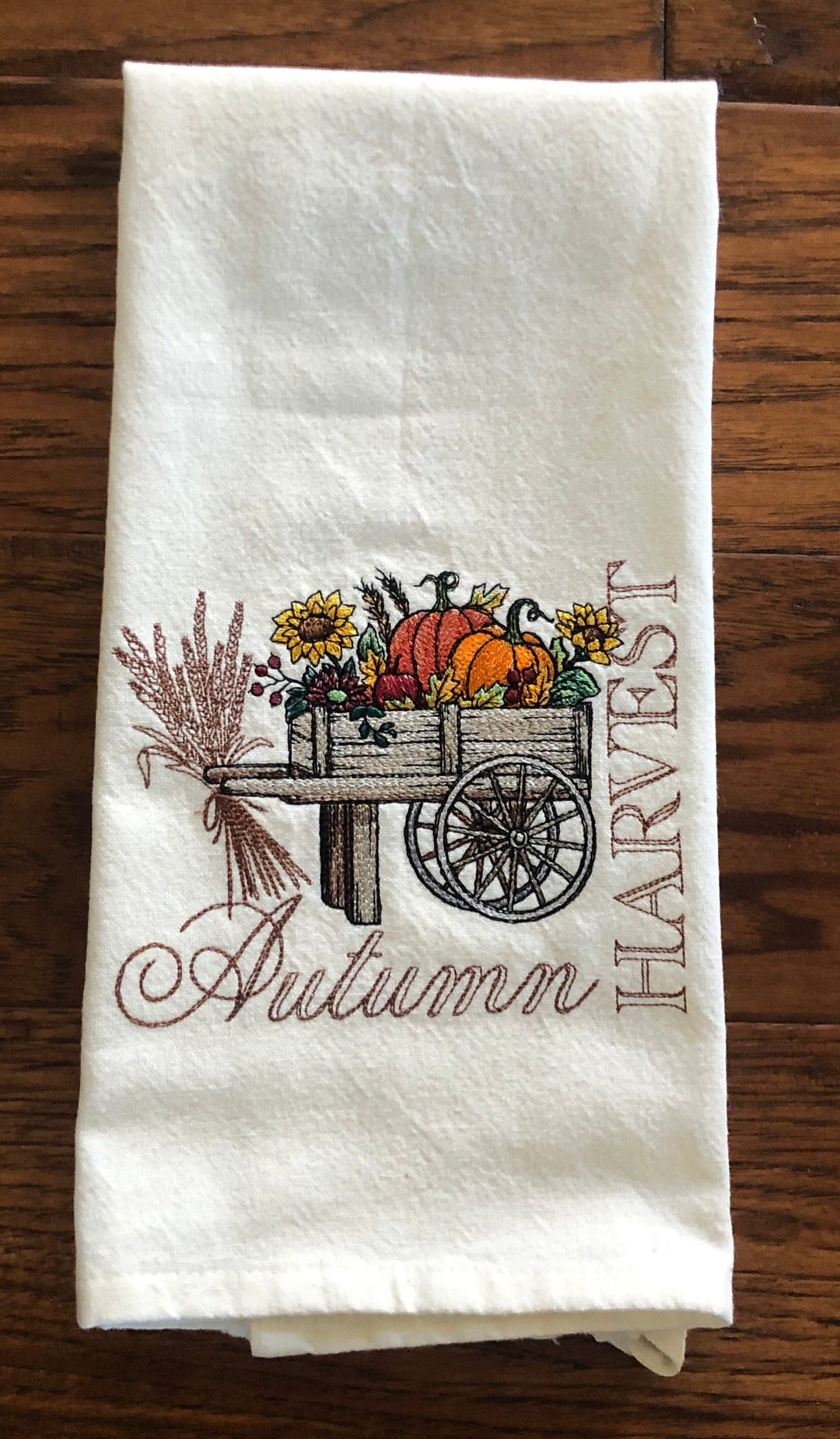 Embroidered Tea Towel, Autumn Harvest Wagon, Kitchen Towel, Dish Towel ...