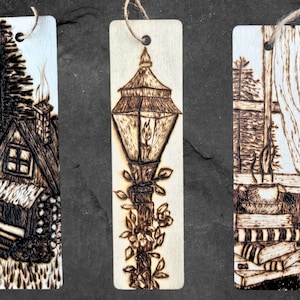 Wooden Bookmarks Set of 3 Cozy Scene : Wood Burning Art by Hand Log ...