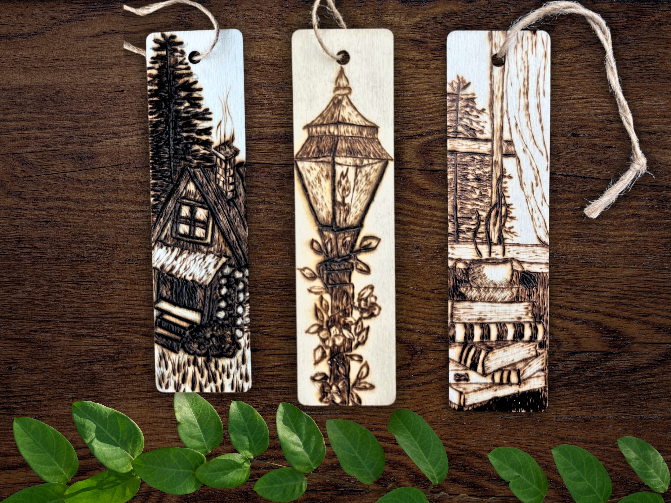 Wooden Bookmarks Set of 3 Cozy Scene : Wood Burning Art by Hand Log ...