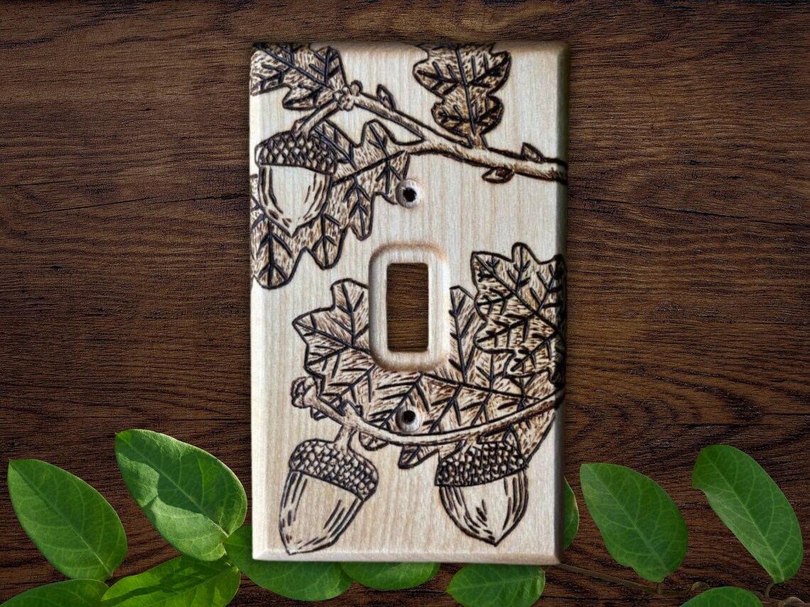 Oak Leaf and Acorn Wooden Single Light Switch Cover: Wood Burning Art ...