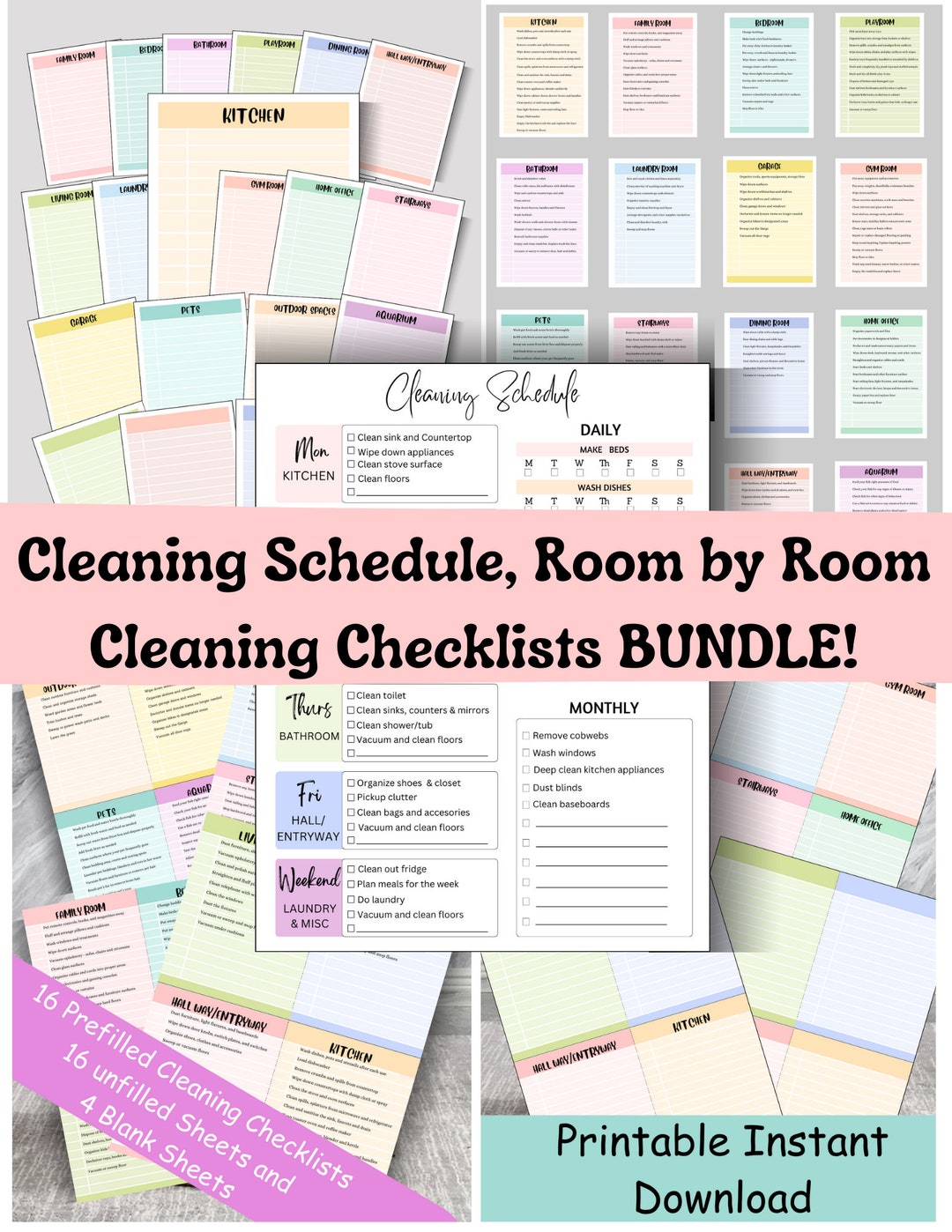 Printable Fillable Cleaning Schedule BUNDLE, Room by Room Cleaning ...