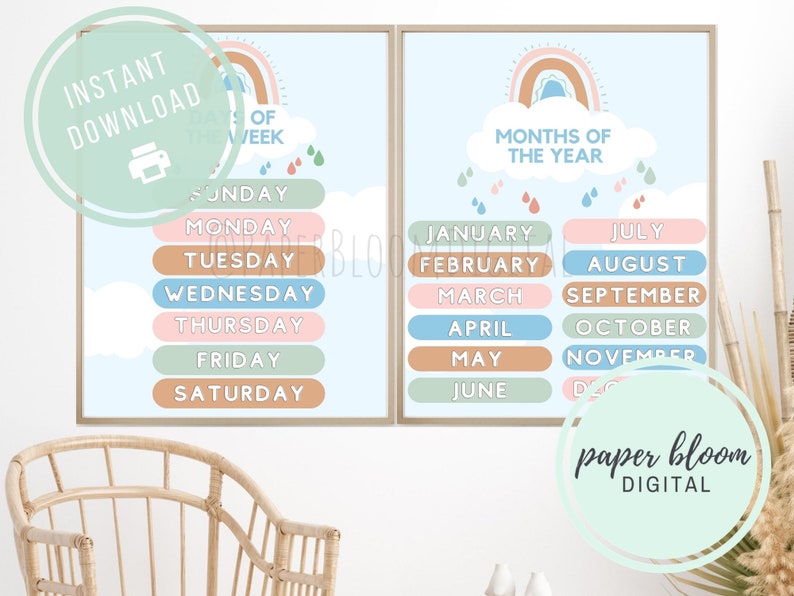 Days of the Week Months of the Year Set of 2 Rainbow Printables ...