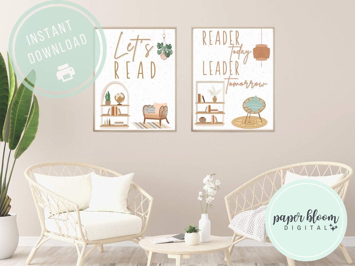 Book Nook Reading Posters, Bohemian Classroom Art Prints, Book ...