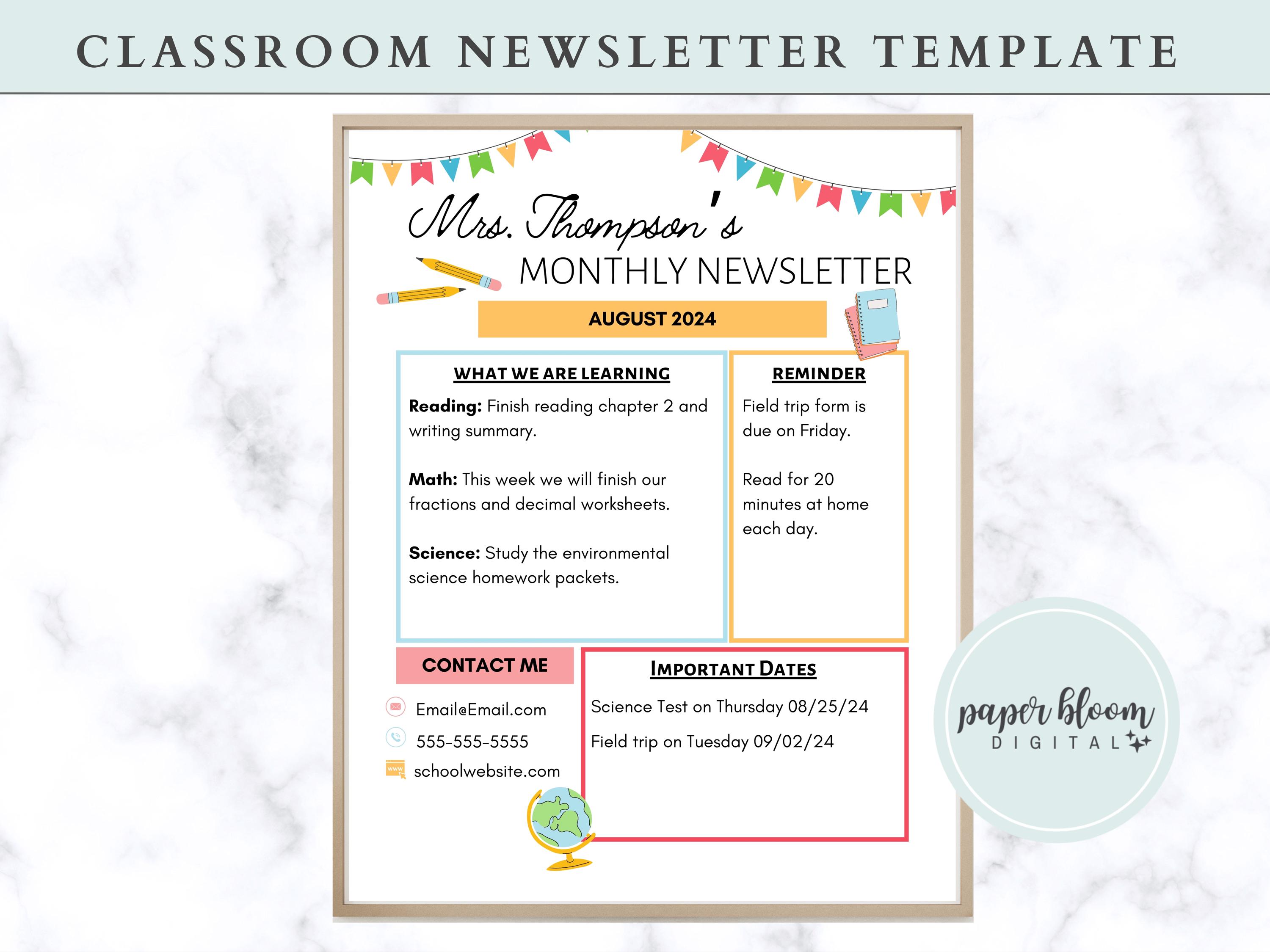 Classroom Newsletter Template for School Teacher Newsletter | Editable ...