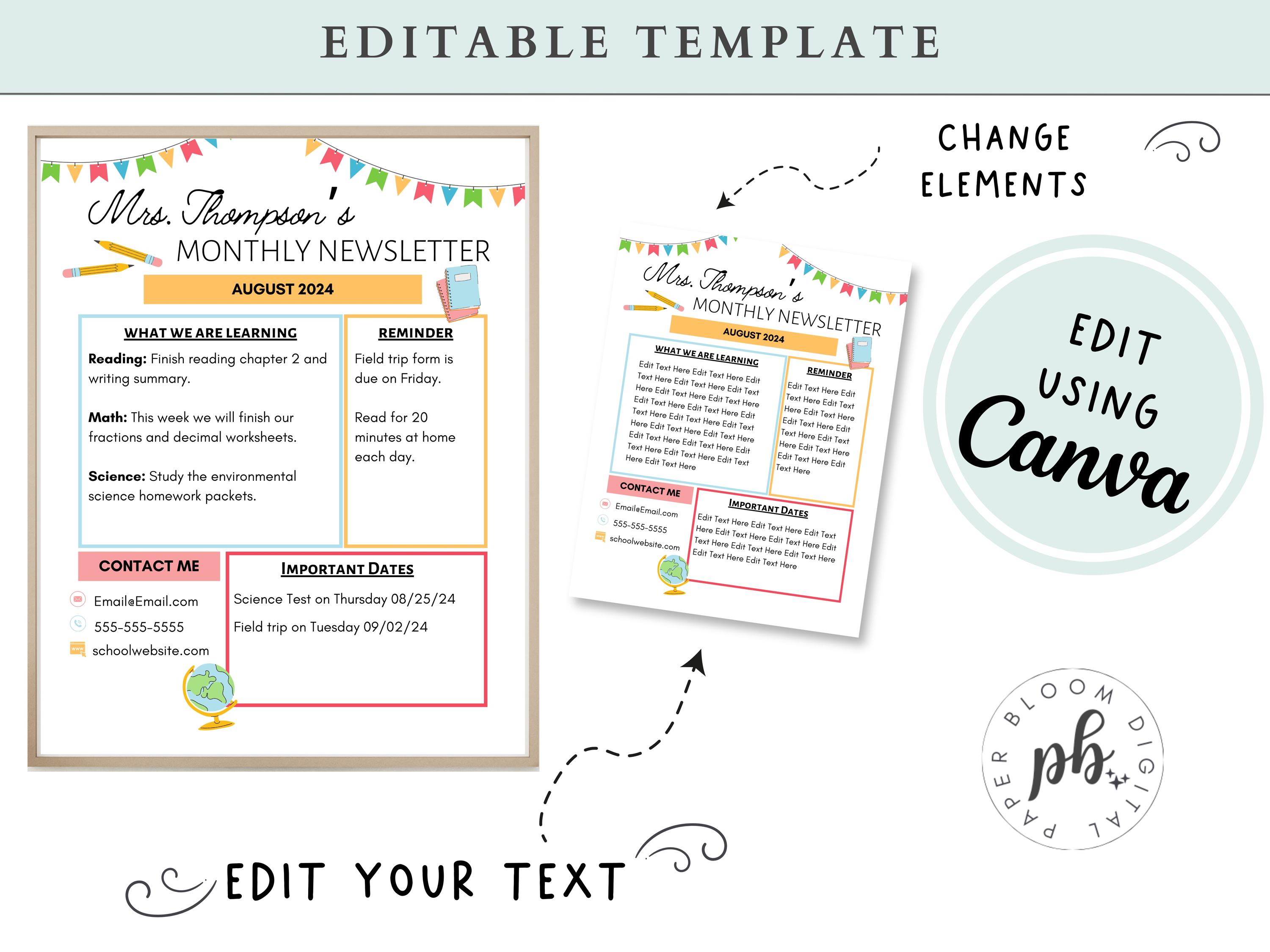 Classroom Newsletter Template for School Teacher Newsletter | Editable ...