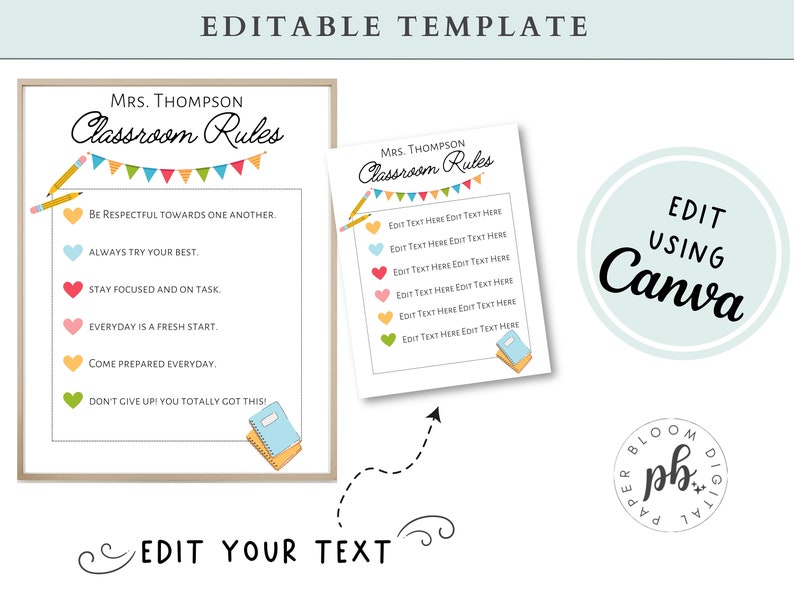Classroom Rules Poster Editable Template | Teacher Rules for Classroom ...