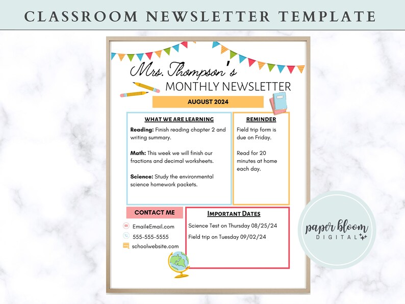 Classroom Newsletter Template for School Teacher Newsletter Editable ...