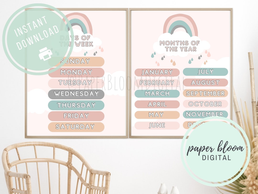 Boho Rainbow Days and Months Learning Printables | Boho Theme Classroom ...
