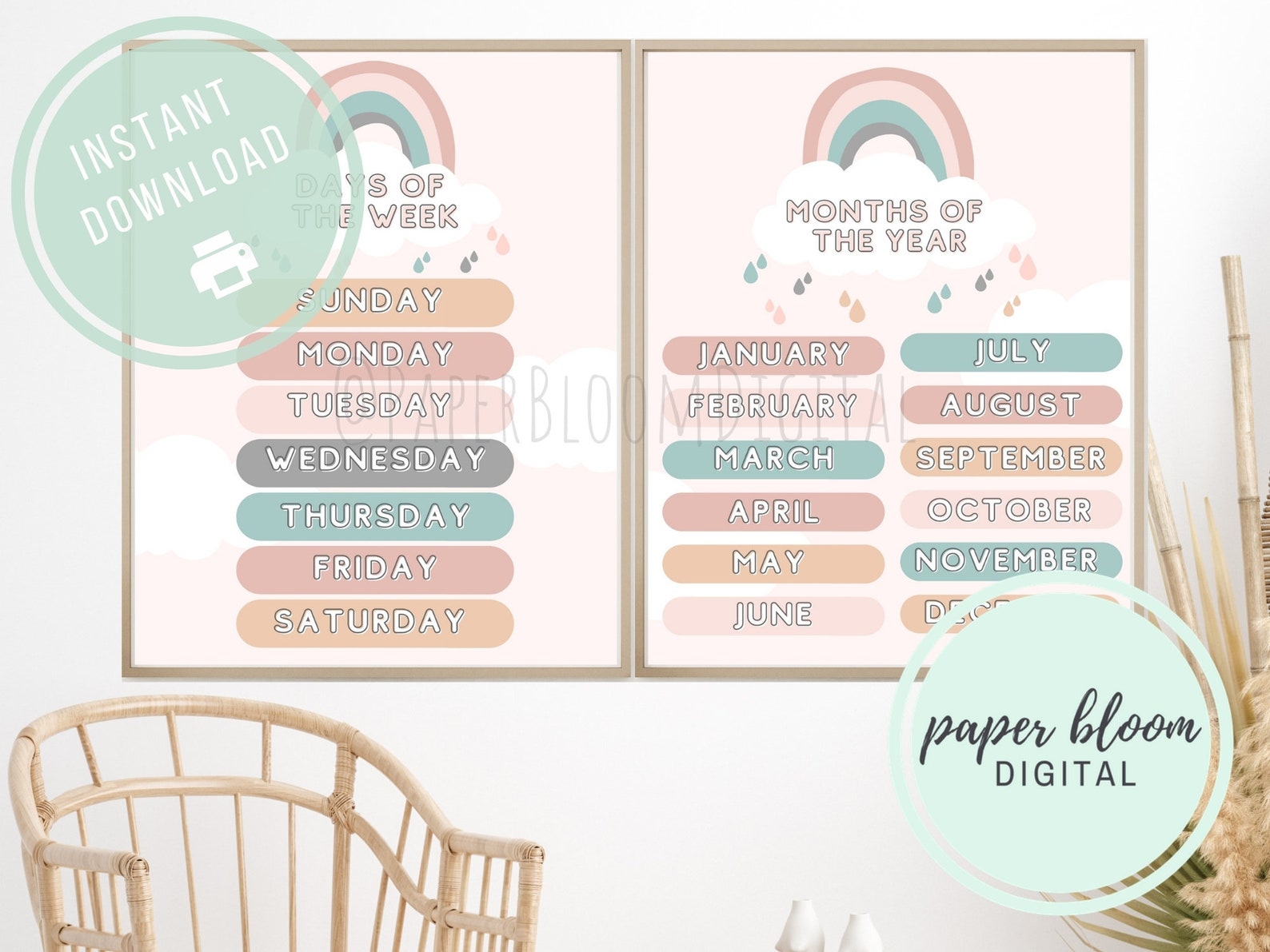 Boho Rainbow Days and Months Learning Printables | Boho Theme Classroom ...