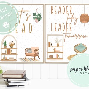 Book Nook Reading Posters, Bohemian Classroom Art Prints, Book ...