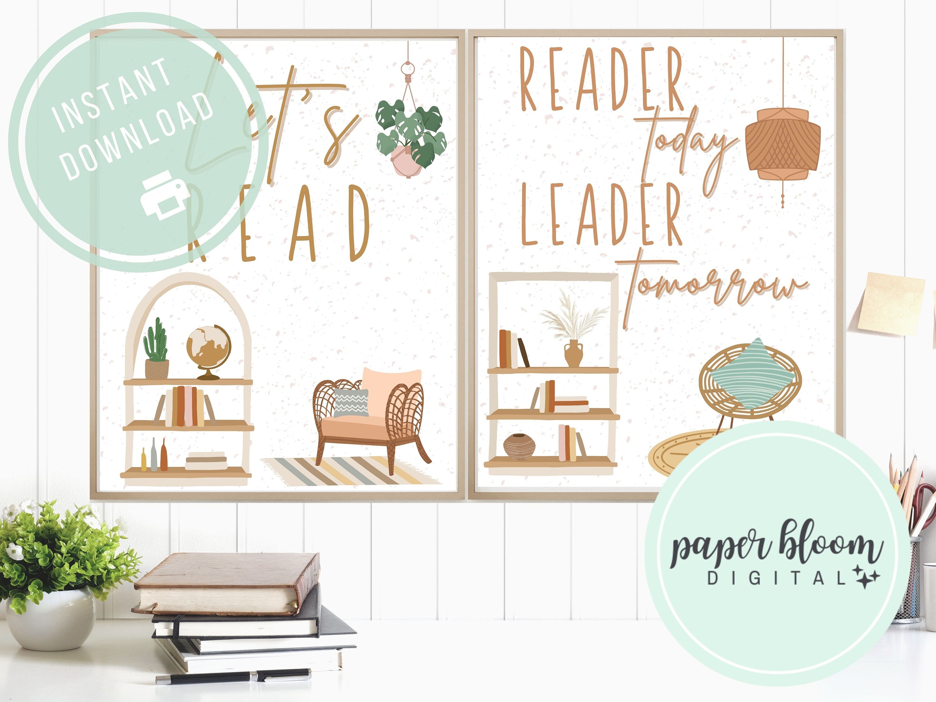 Book Nook Reading Posters, Bohemian Classroom Art Prints, Book ...
