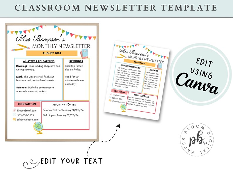 Classroom Newsletter Template for School Teacher Newsletter Editable ...