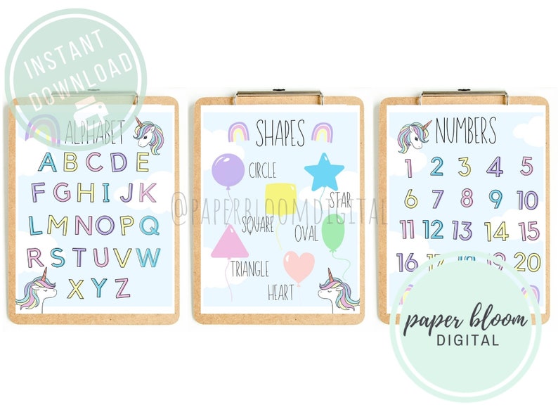 Unicorn Rainbow Theme Educational Printables Set of 3 | Unicorn ...