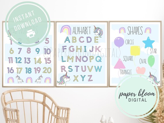 Unicorn Rainbow Theme Educational Printables Set of 3 | Etsy