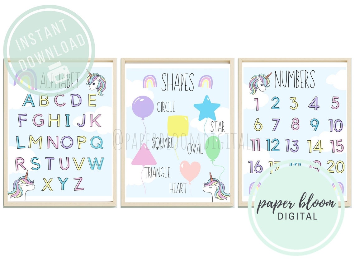 Unicorn Rainbow Theme Educational Printables Set of 3 | Unicorn ...