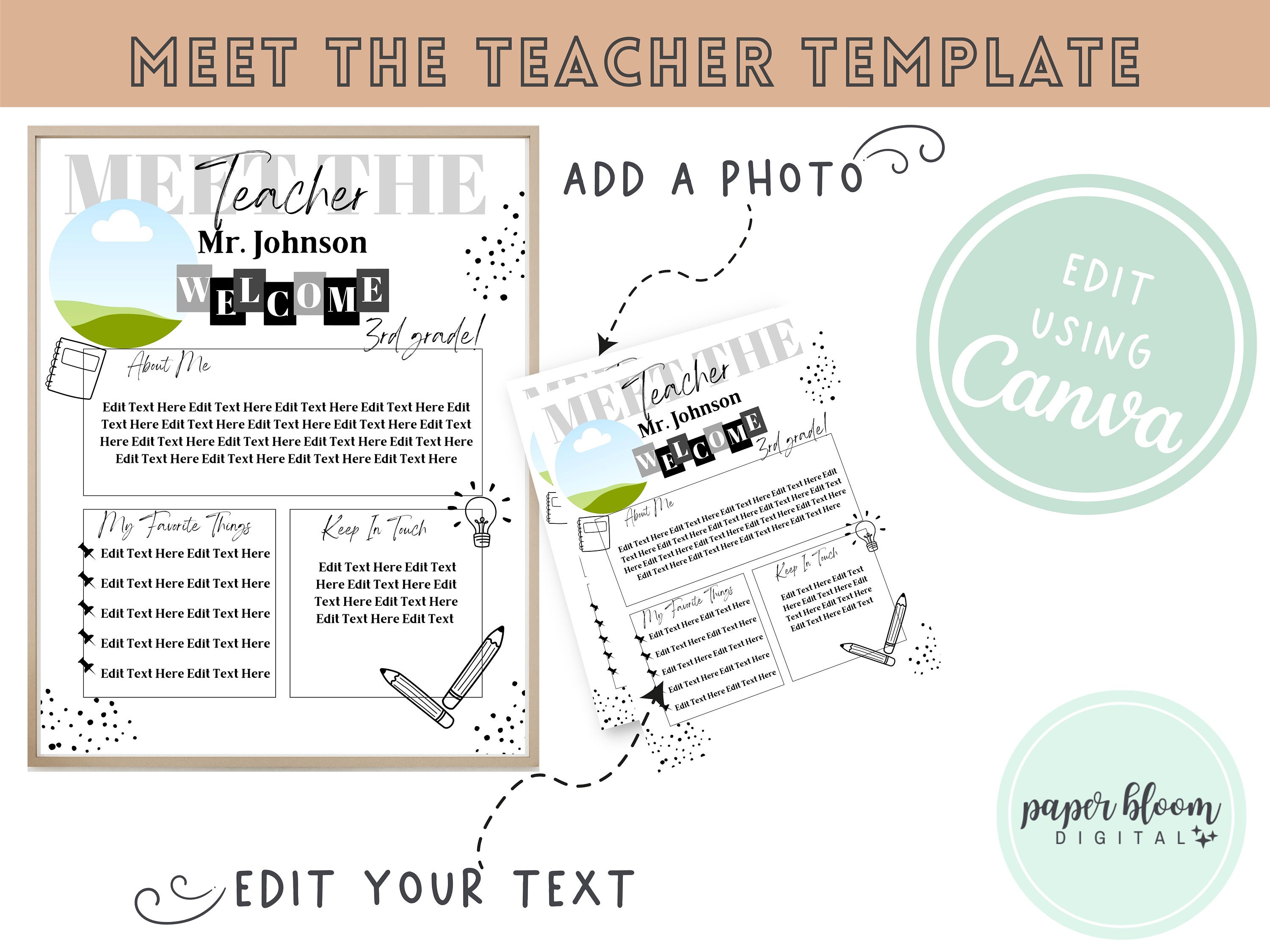 Meet the Teacher Editable Template BW Classroom Teacher Sign - Etsy