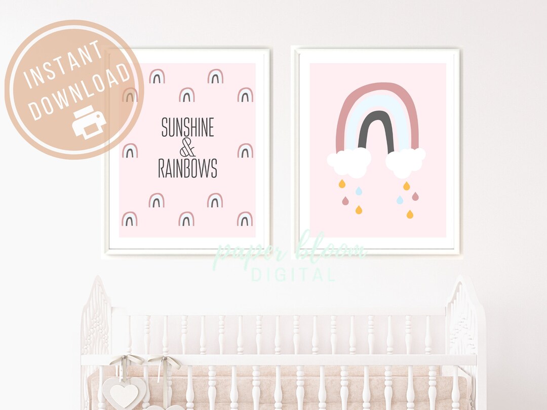 Sunshine and Rainbows Set of 2 Whimsical Nursery Decor | Retro Rainbow ...