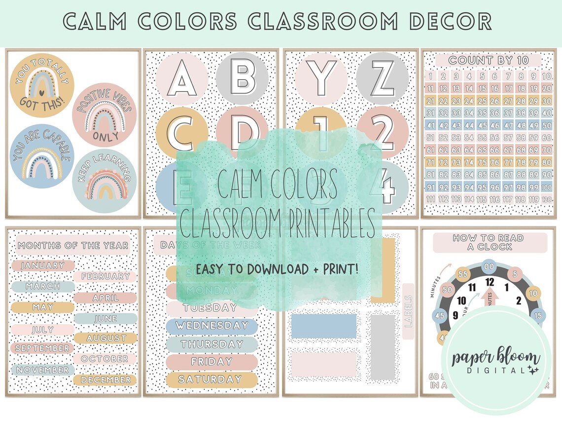 Modern Calm Colors Theme Classroom Decor Set, Printable Labels and ...