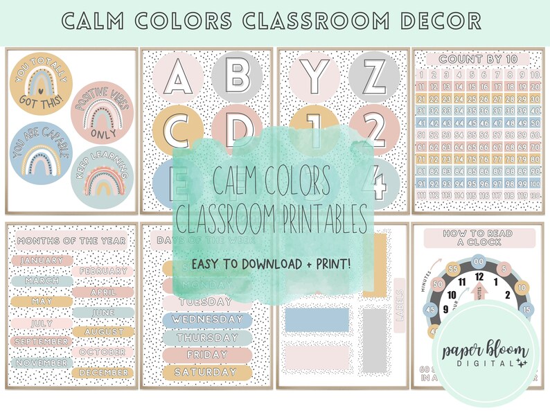Modern Calm Colors Theme Classroom Decor Set, Printable Labels and ...