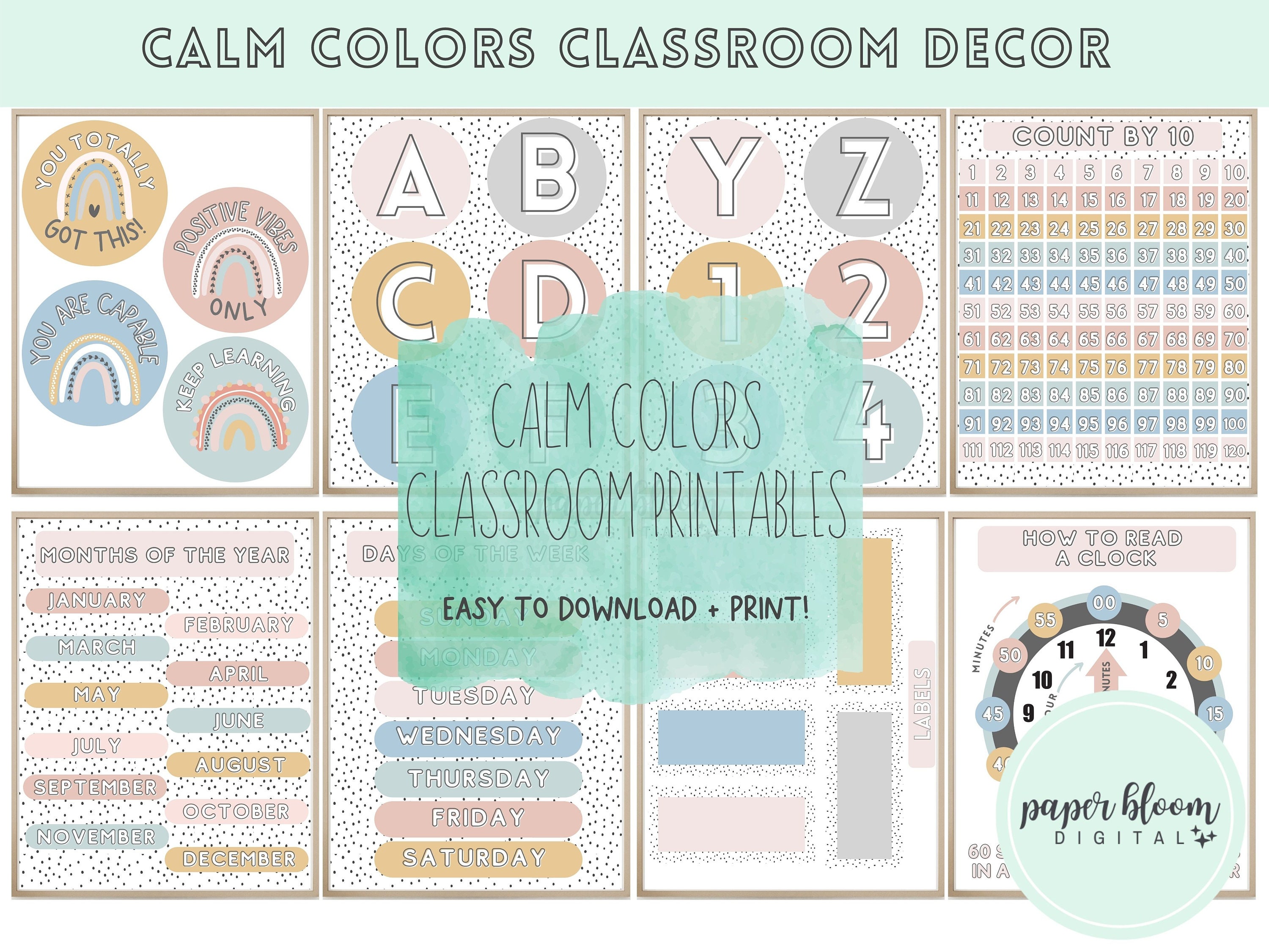 Modern Calm Colors Theme Classroom Decor Set, Printable Labels and ...