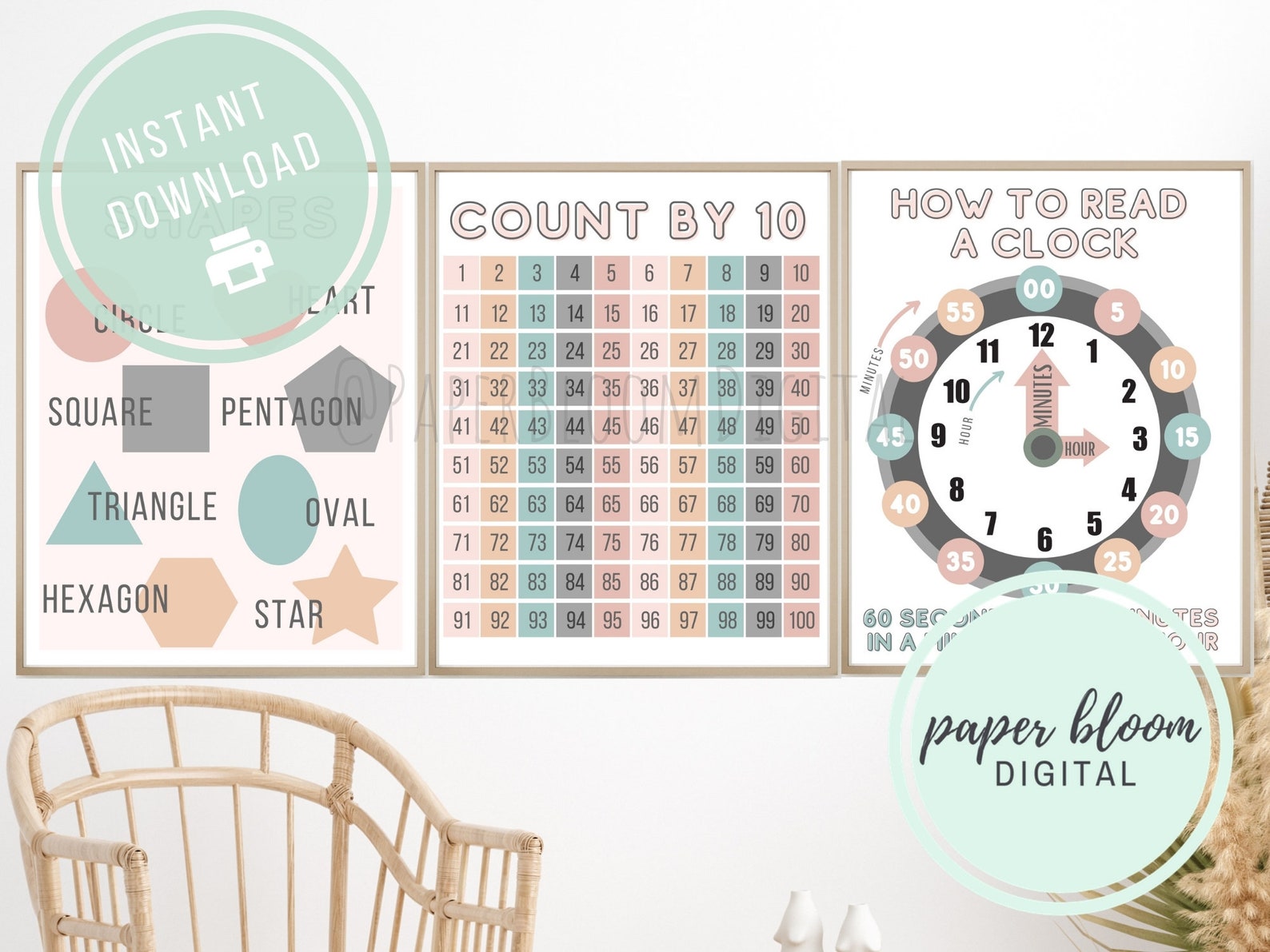 Boho Math Printables Shapes Clock and Count by Tens Worksheets ...
