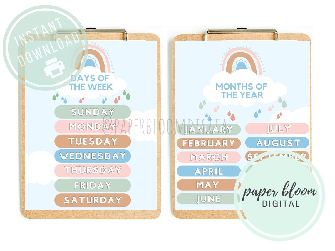 Days of the Week Months of the Year Set of 2 Rainbow Printables ...
