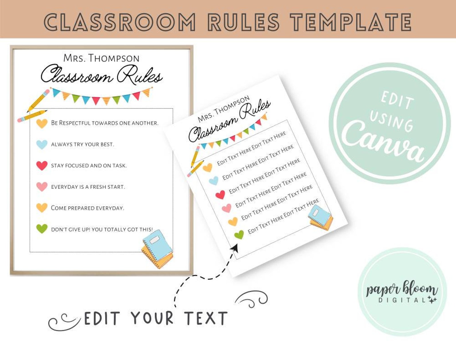 Classroom Rules Poster Editable Template Teacher Rules for Classroom ...