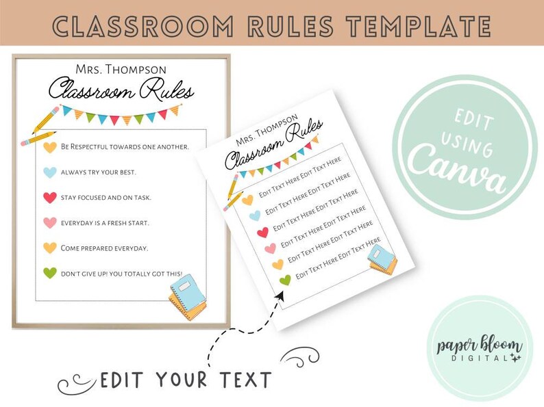 Classroom Rules Poster Editable Template Teacher Rules for Classroom ...