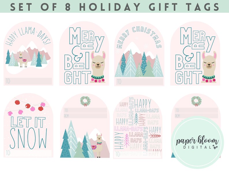 Christmas Gift Tag Set of 6 Pink Llama Holiday Tags | Whimsical Pink ...