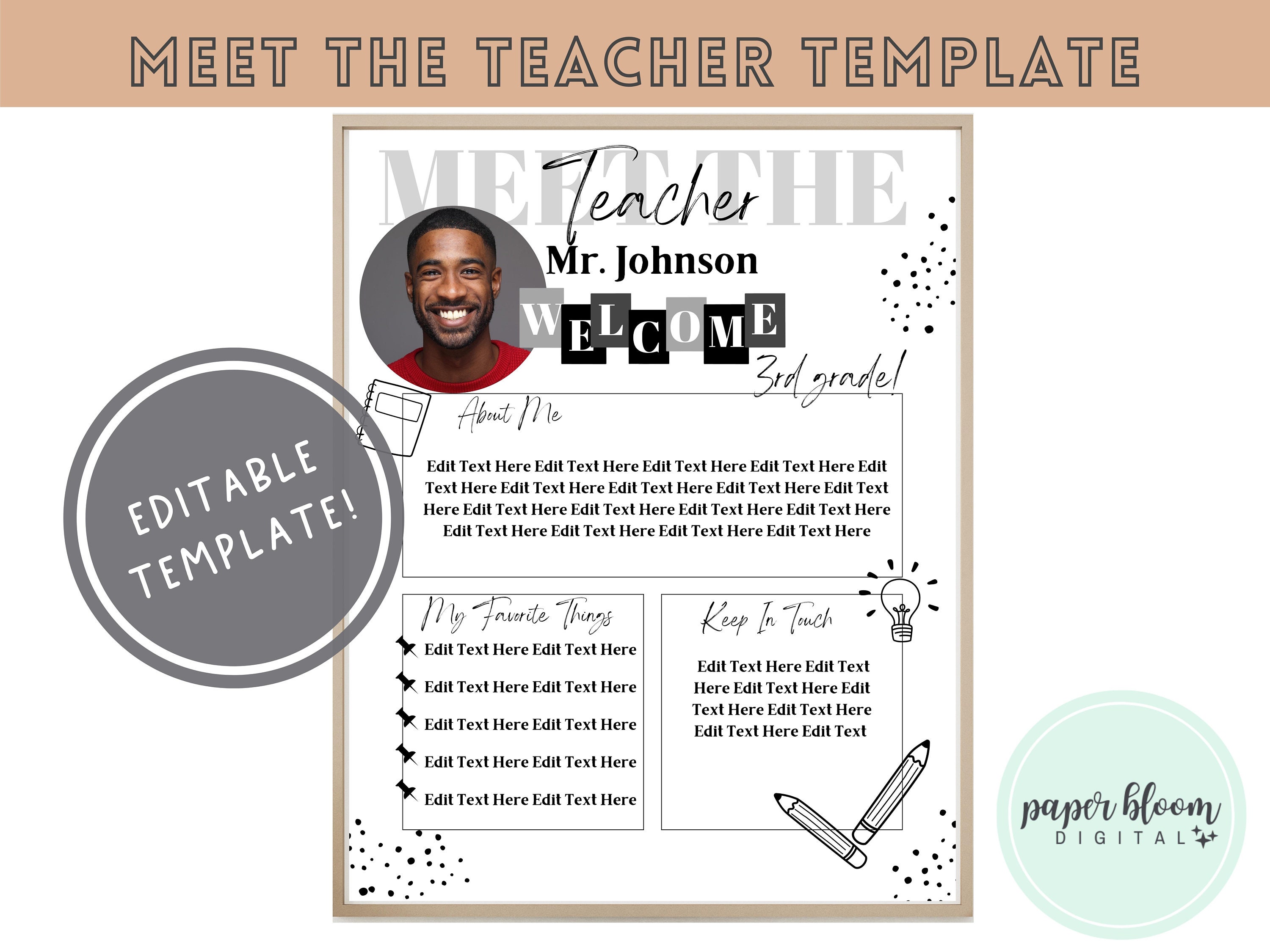Meet the Teacher Editable Template BW Classroom Teacher Sign - Etsy