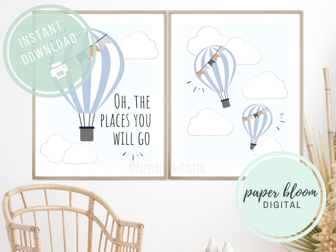 Oh the Places You Will Go Hot Air Balloon Art Print | Set of 2 | Baby ...