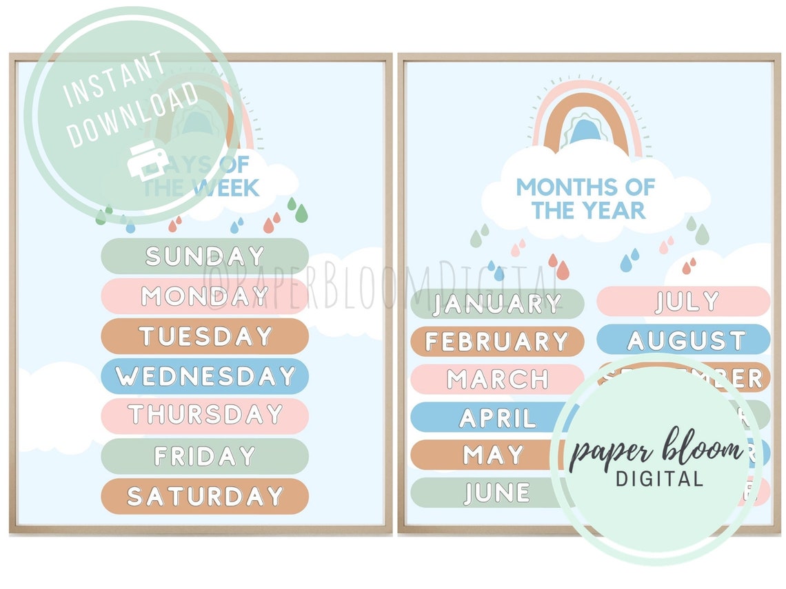 Days of the Week Months of the Year Set of 2 Rainbow Printables ...