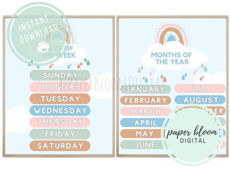 Days of the Week Months of the Year Set of 2 Rainbow Printables ...