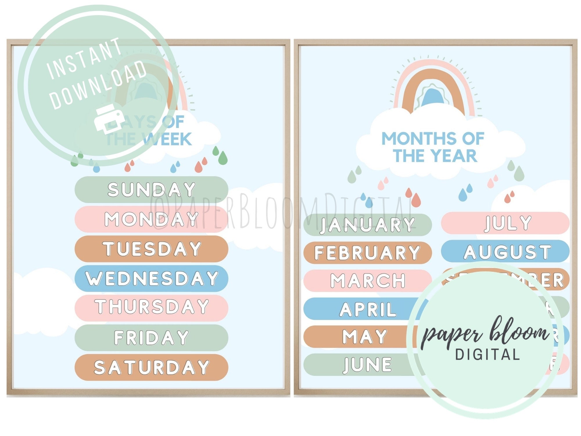 Days of the Week Months of the Year Set of 2 Rainbow Printables ...