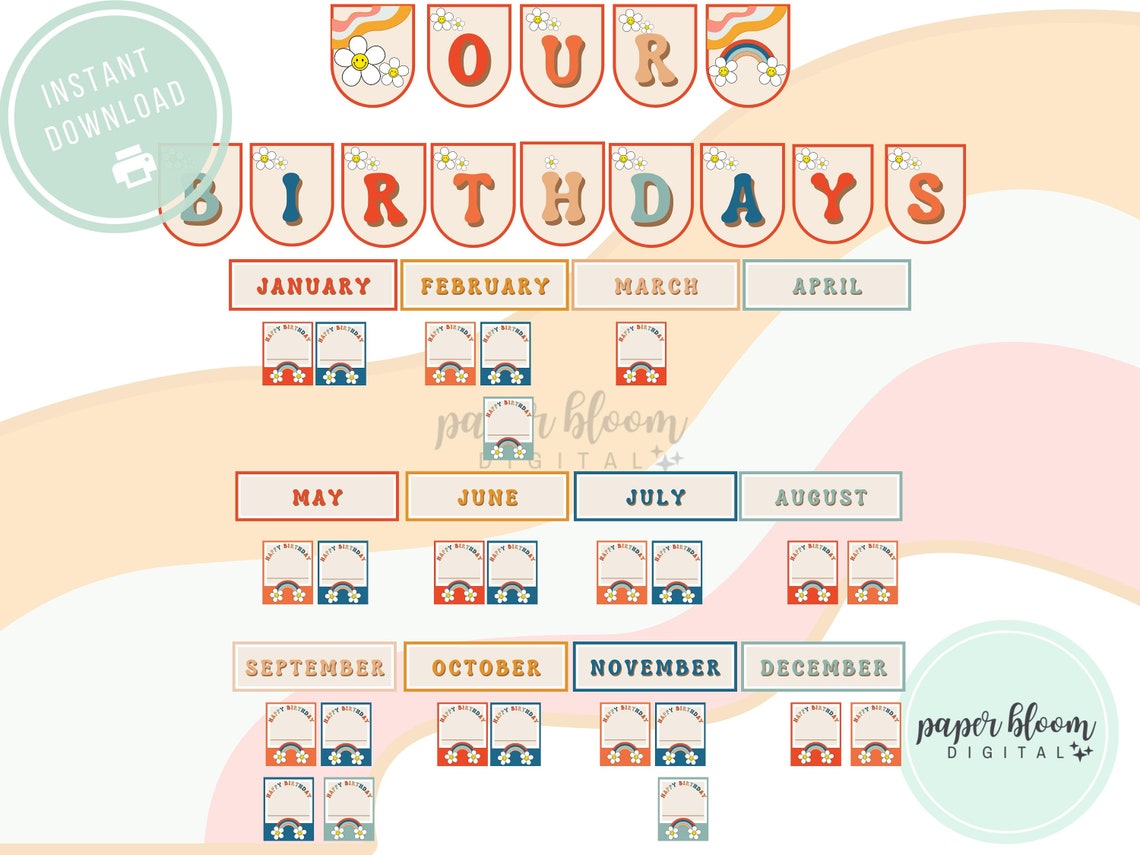 Retro Theme Classroom Birthday Chart Printable Birthday - Etsy