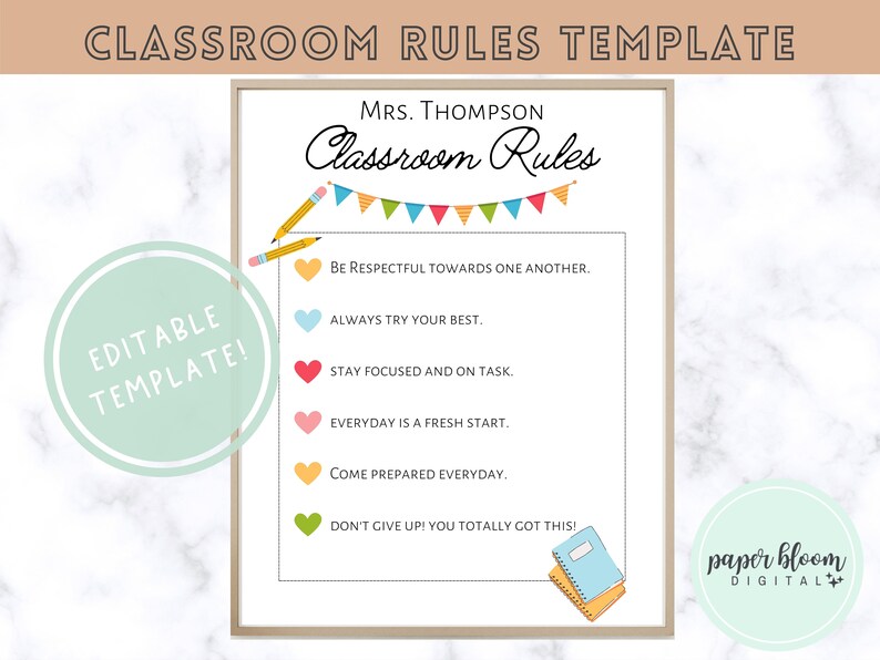 Classroom Rules Poster Editable Template Teacher Rules for Classroom ...