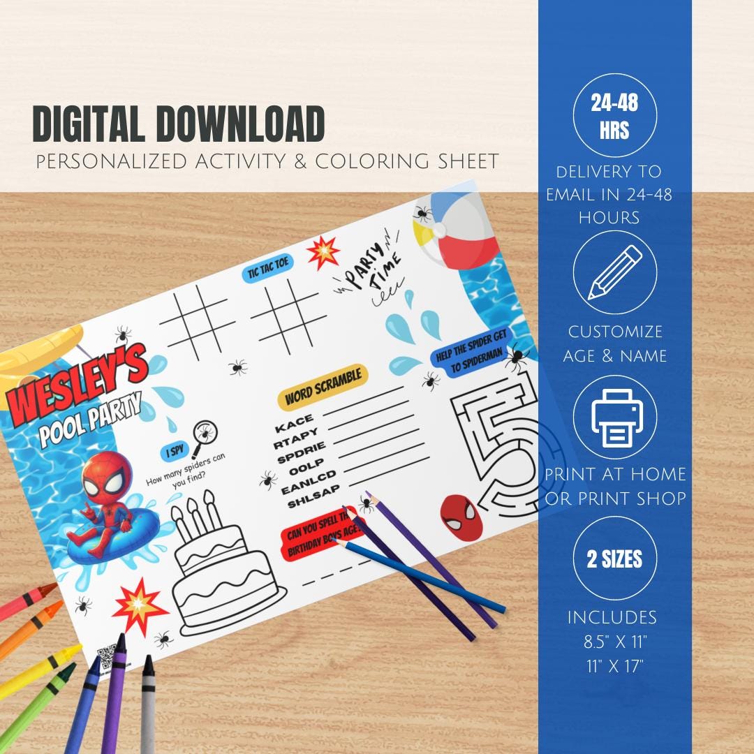 Spidey Pool Party Activity Sheet: Digital File PNG 2 Sizes Emailed in ...